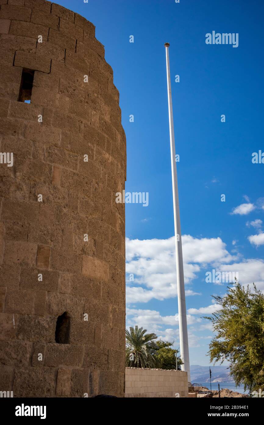 Jordan, Aqaba, tower of Aqaba Castle with Arab Revolt Flagpole in the ...