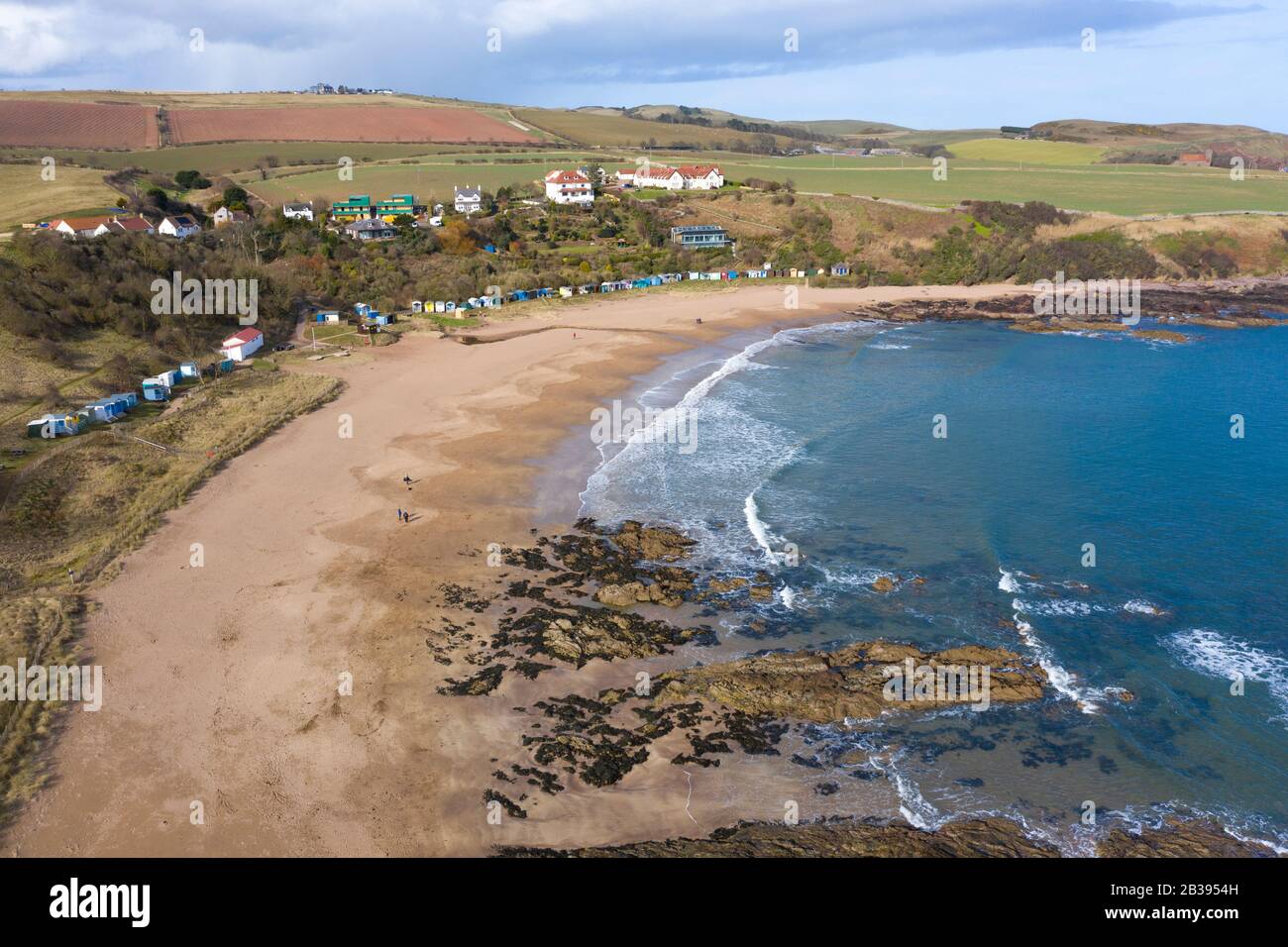 Aerial view of beach at Coldingham Bay in Scottish Borders, Scotland ...