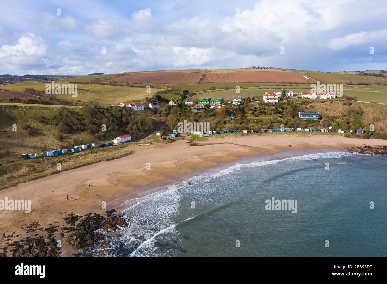 Aerial view of beach at Coldingham Bay in Scottish Borders, Scotland ...