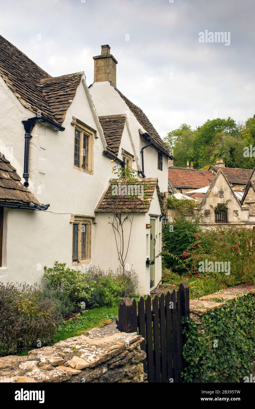 Layers of pitched roof lines in Castle Combe, England Stock Photo - Alamy