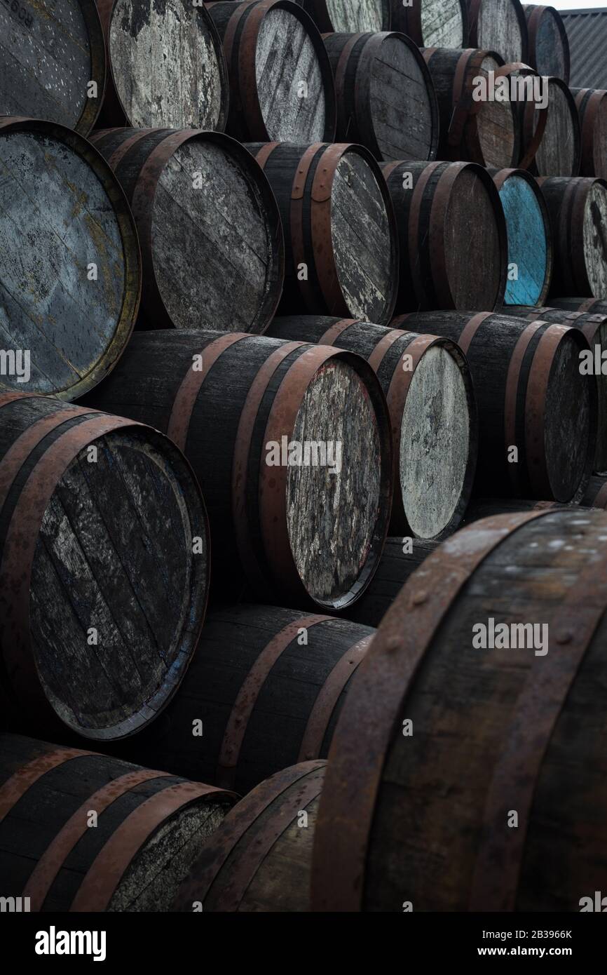 Casks and staves in the yard at the cooperage of Springbank single malt ...