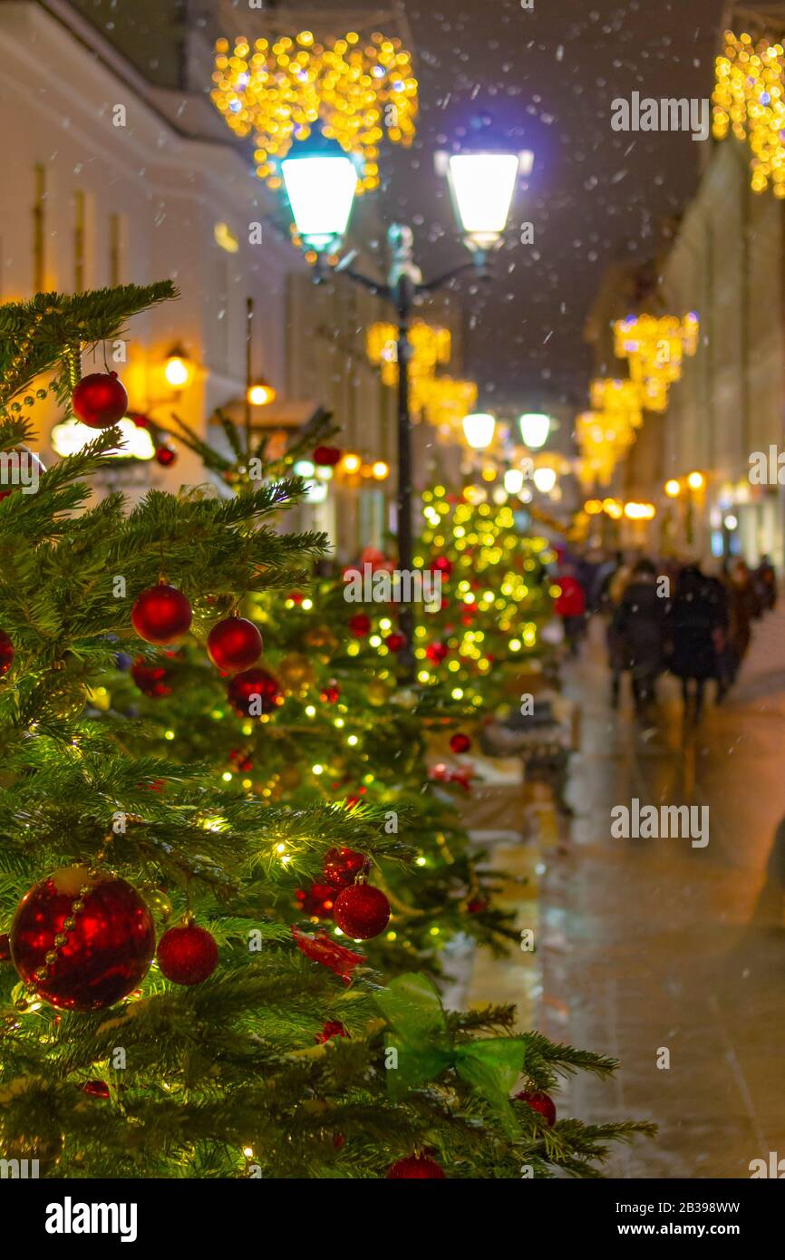 The Christmas tree on one of the central streets of Moscow, decorated ...