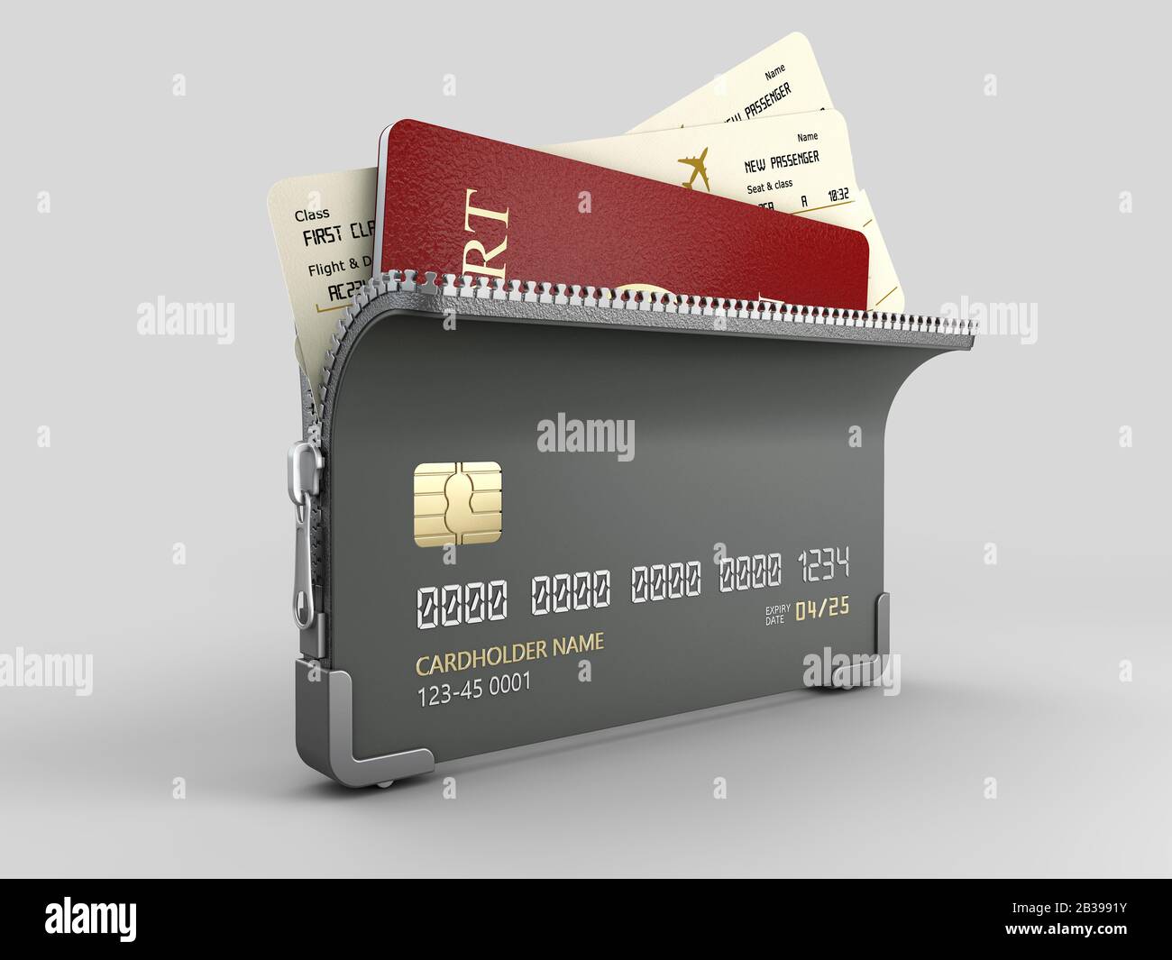 3d Rendering of Credit card with zipper and passport with tickets ...