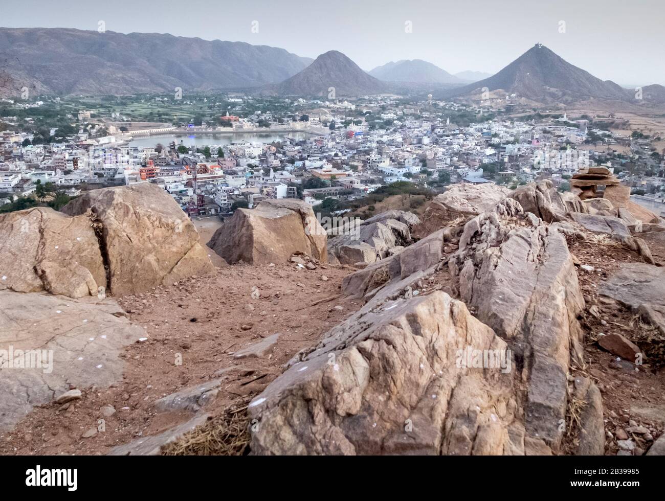 A scenic view of the small town of Pushkar from the hilltop temple ...