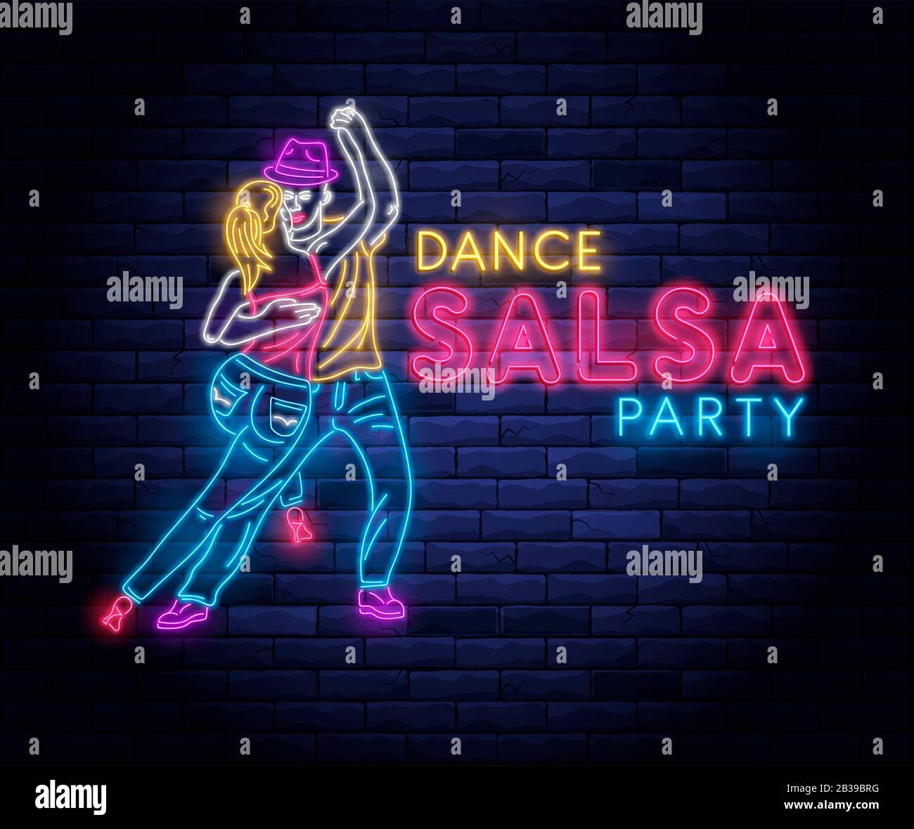 Salsa dance party neon banner with dancing couple. Brightly illuminated ...