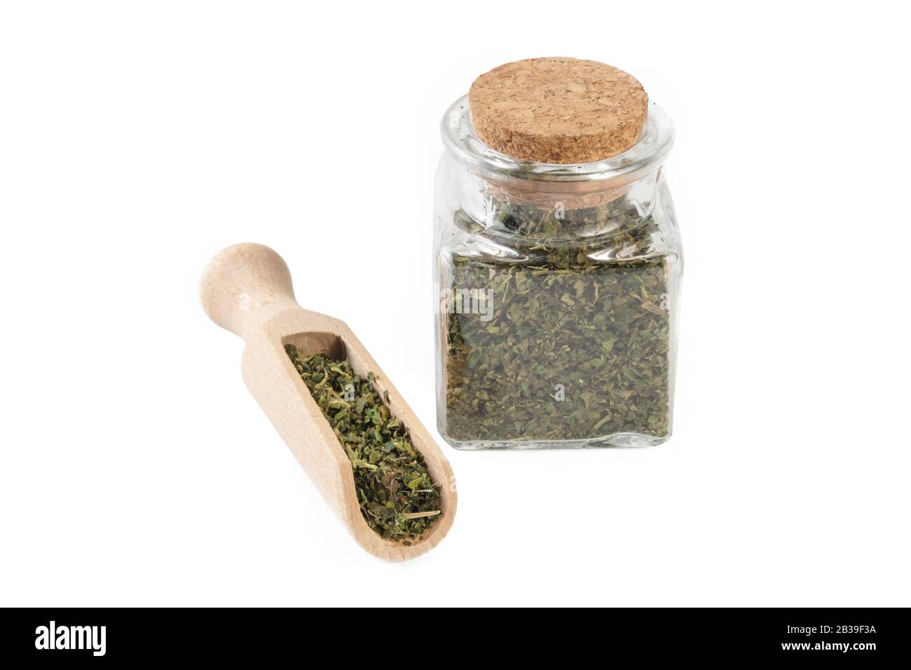 dried nettle herb or in latin Utricae folium in a glass jar and wooden ...