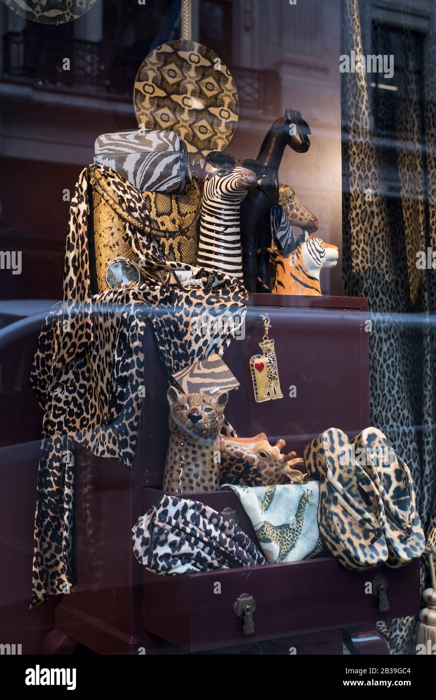London, UK - 13 February, 2020 Shop window Liberty. All in leopard and ...