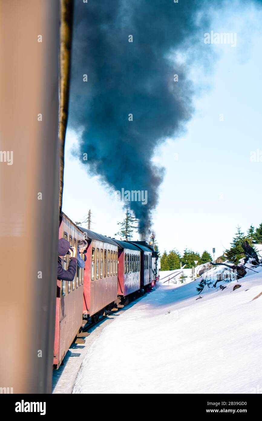 Harz national park Germany, historic steam train in the winter, Drei ...