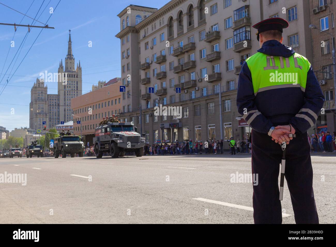 MOSCOW, RUSSIA- MAY 07, 2017: A police man meet military parade near ...