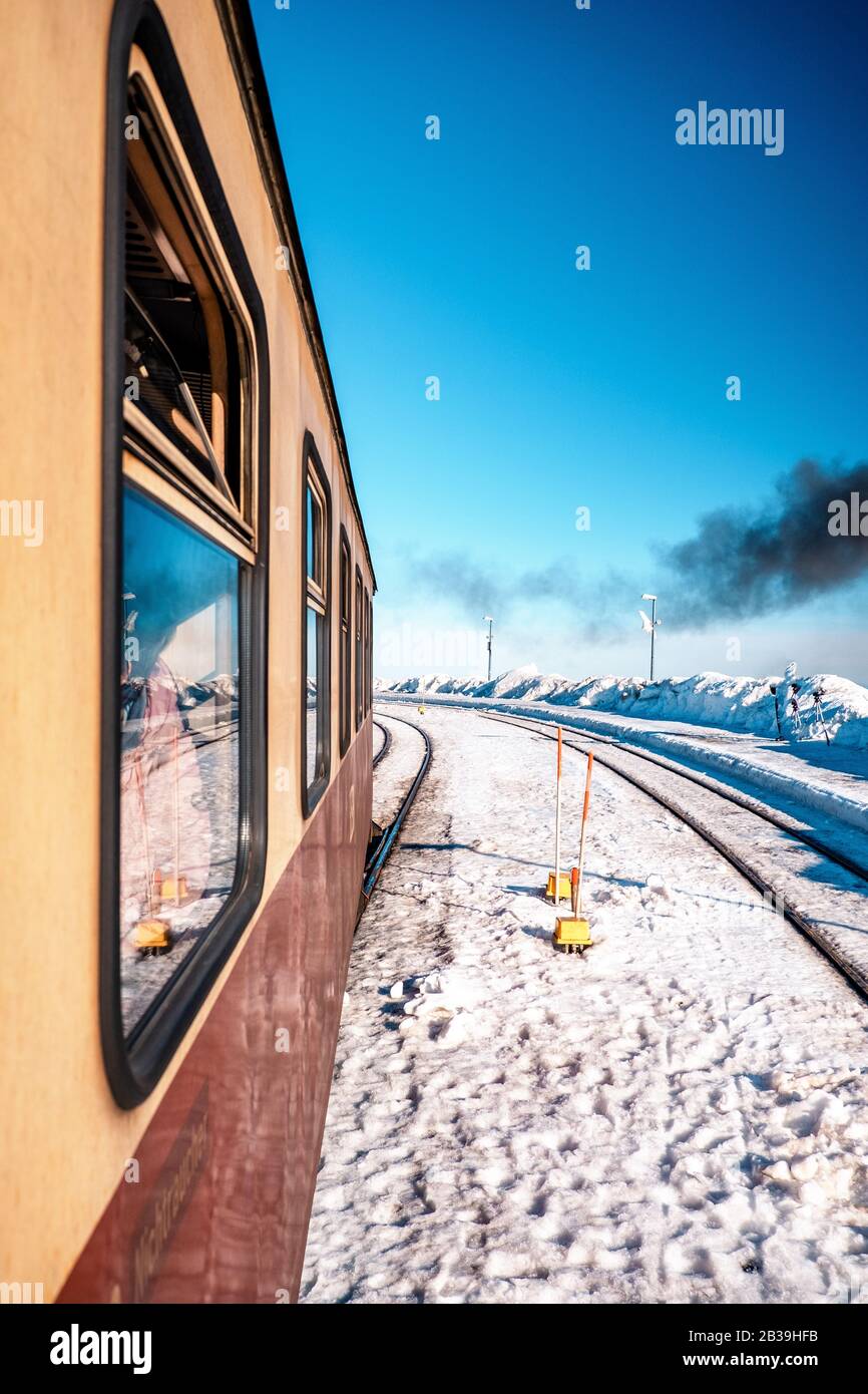 Harz national park Germany, historic steam train in the winter, Drei ...