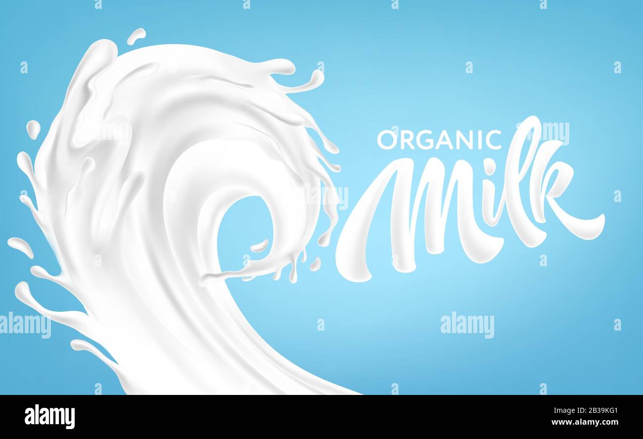 Realistic splashes of milk on a blue background. Organic Milk ...