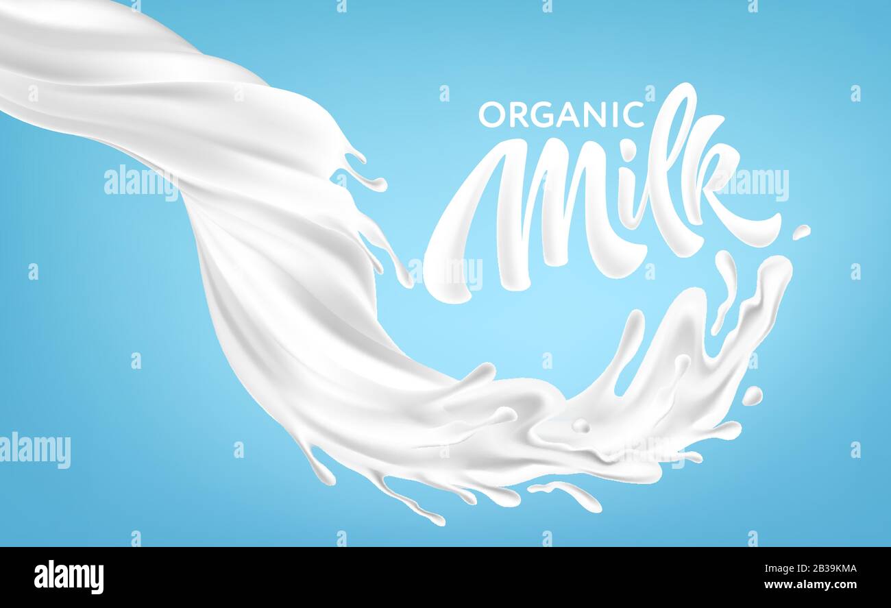 Realistic splashes of milk on a blue background. Organic Milk ...
