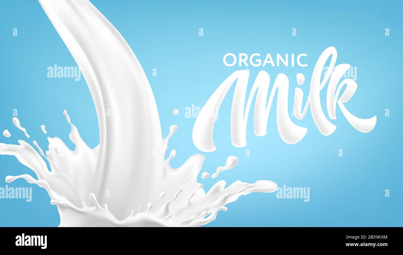 Realistic splashes of milk on a blue background. Organic Milk ...
