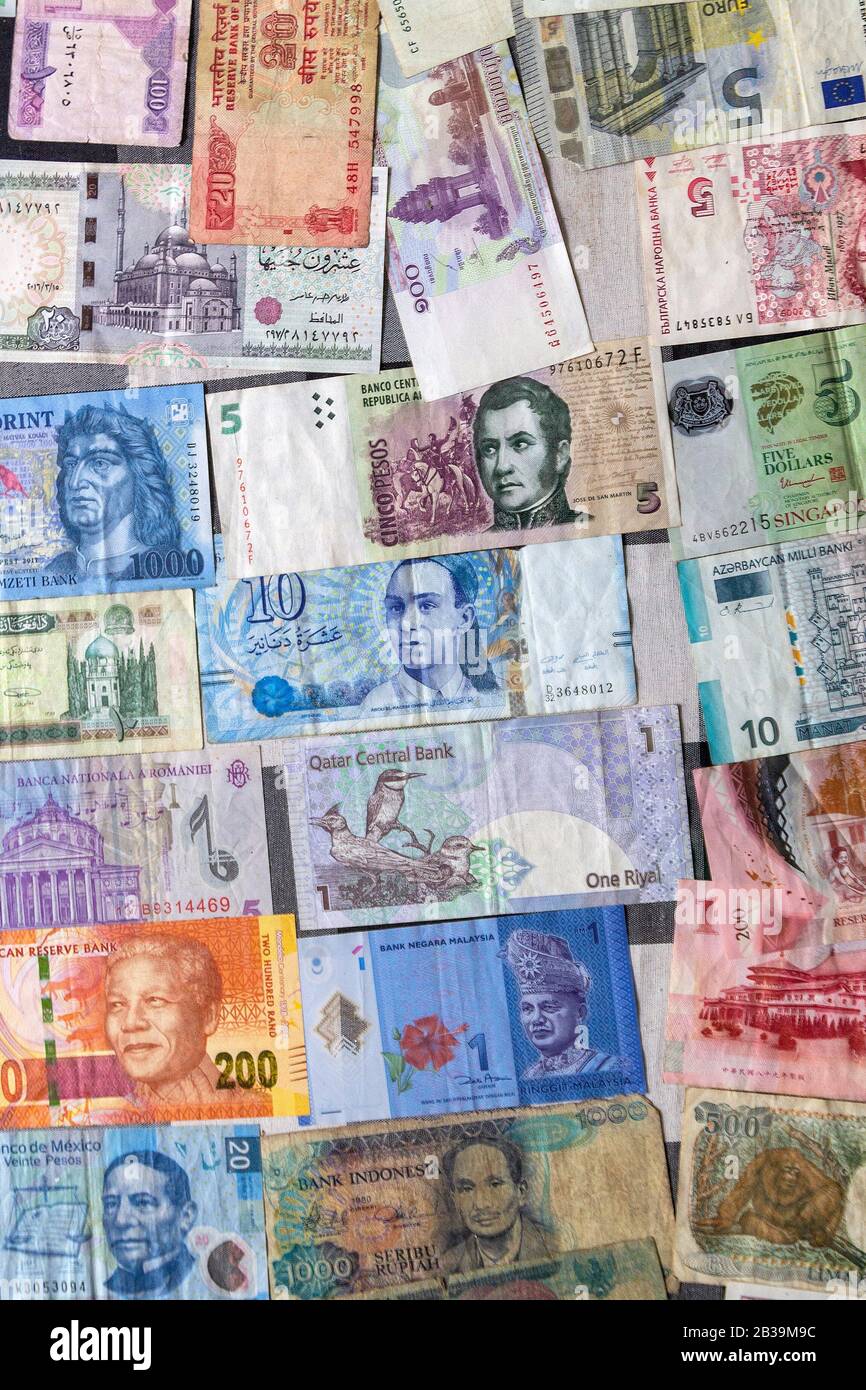 Closeup on banknotes collection from all around world Stock Photo - Alamy