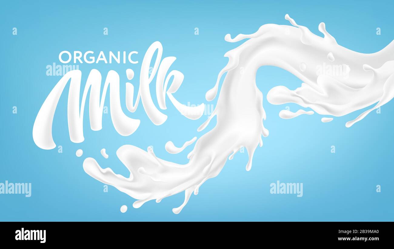 Realistic splashes of milk on a blue background. Organic Milk ...