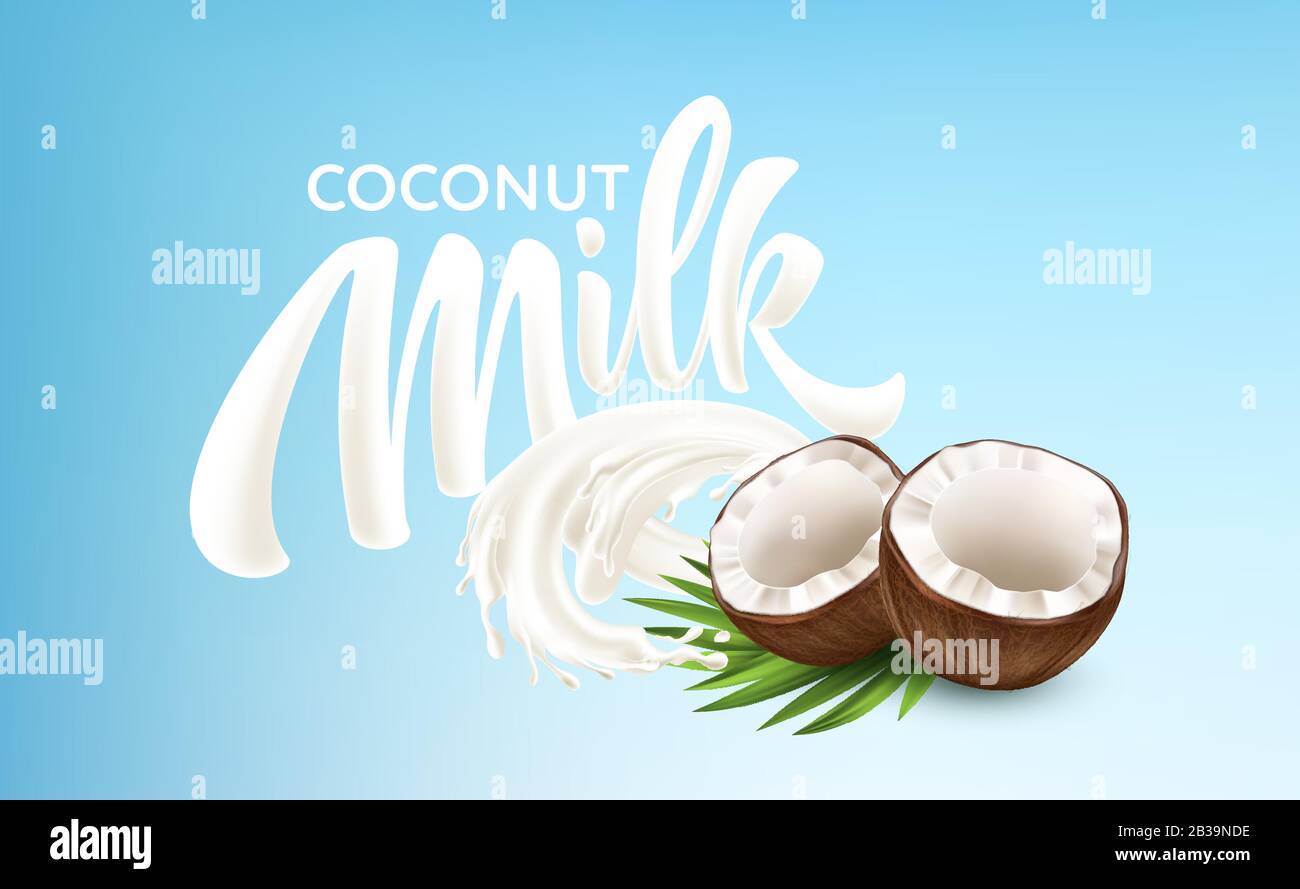 Realistic Bursts of Milk and Coconuts on a Blue Background. Milk ...
