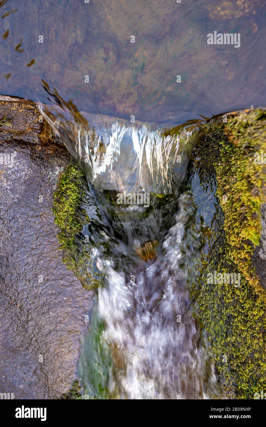 Flow of water in a river trough stones with mold on the sides Stock ...