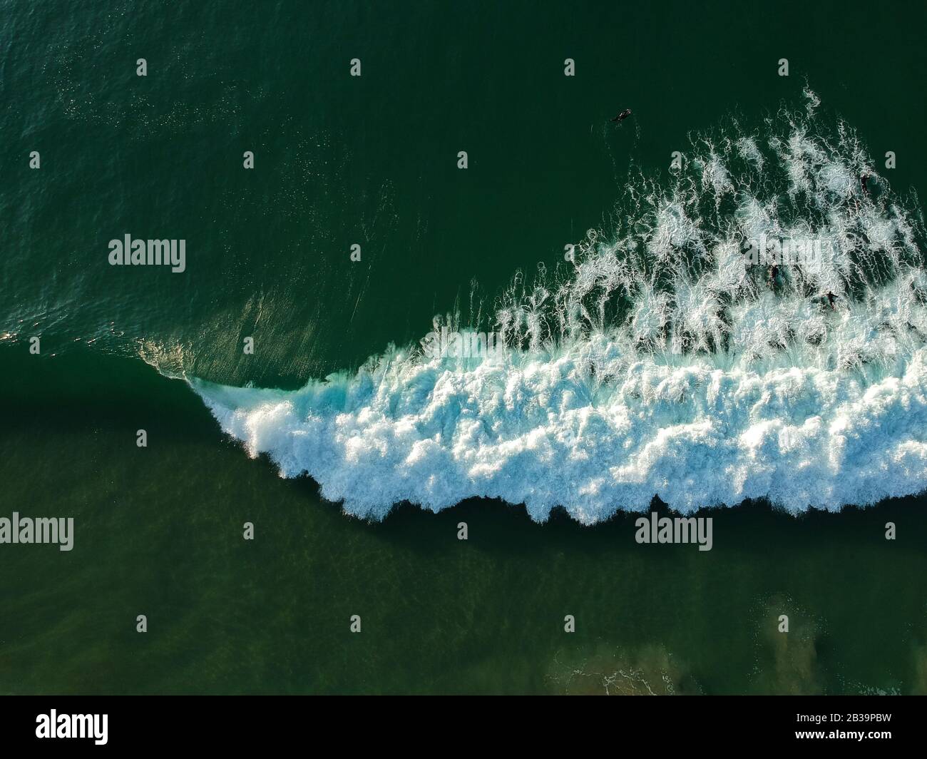 Aerial view of surfers and big wave in the ocean. Top view Stock Photo ...