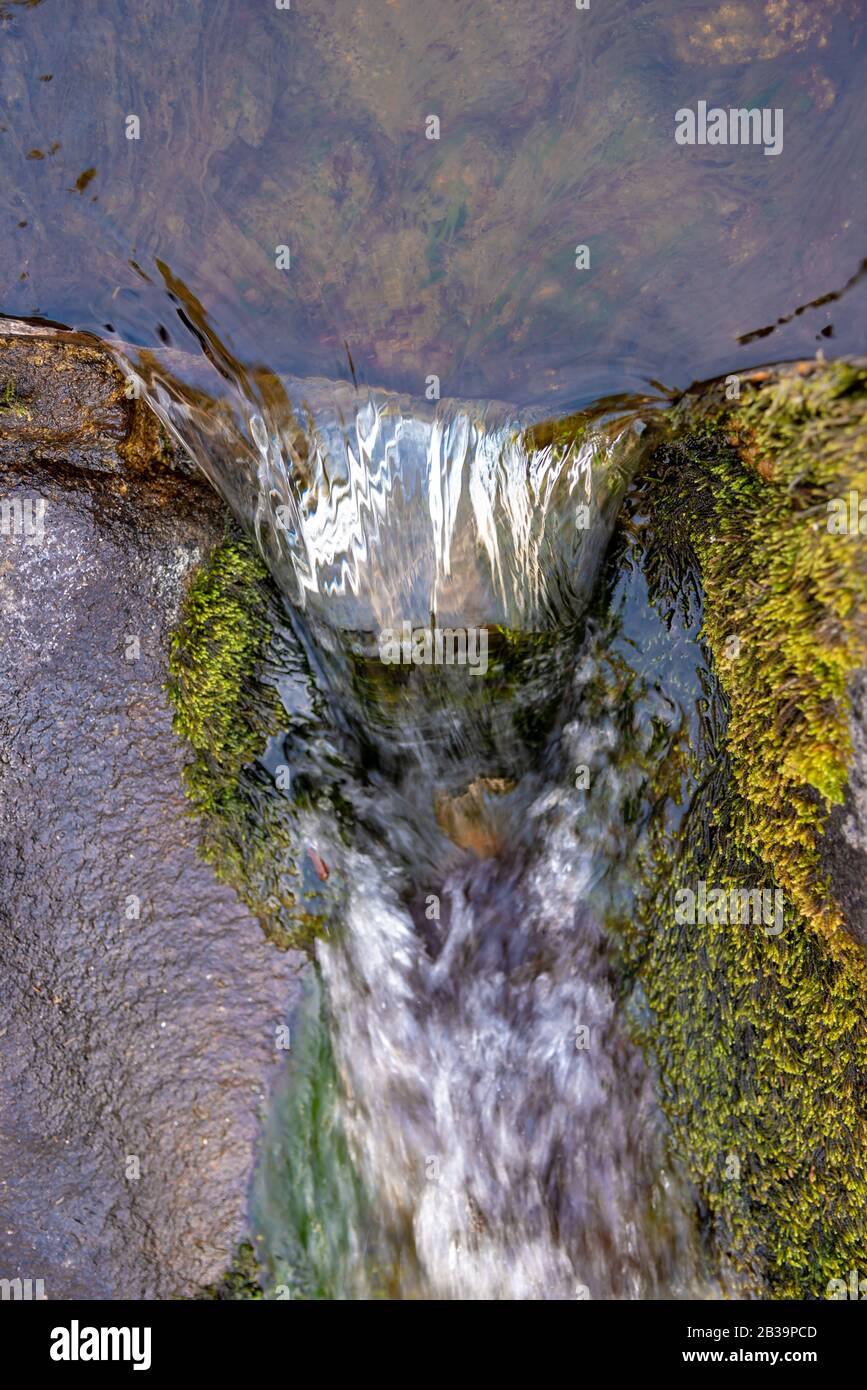 Flow of water in a river trough stones with mold on the sides Stock ...