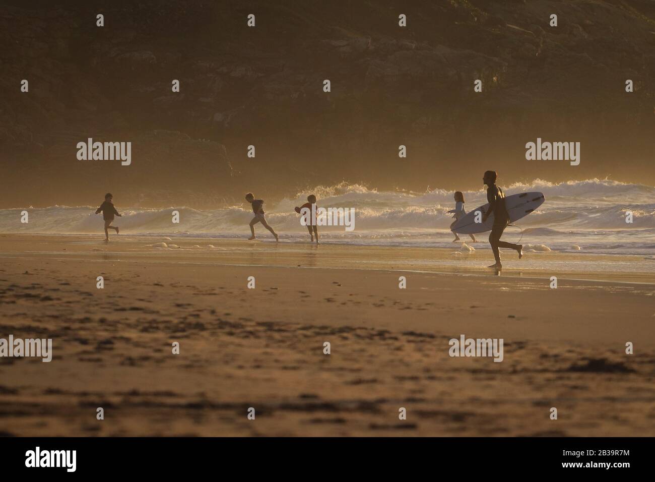 Group of surfers going to surf in the ocean at the sunset Stock Photo ...