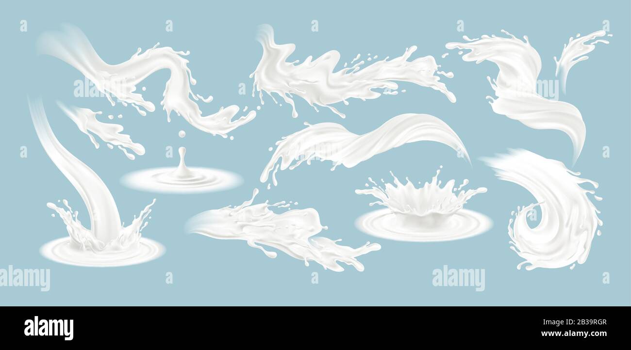 Set of realistic splashes of milk isolated on a blue background. White ...