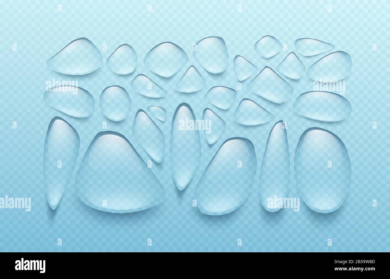 Set of transparent drops of different shapes in gray colors. The real ...