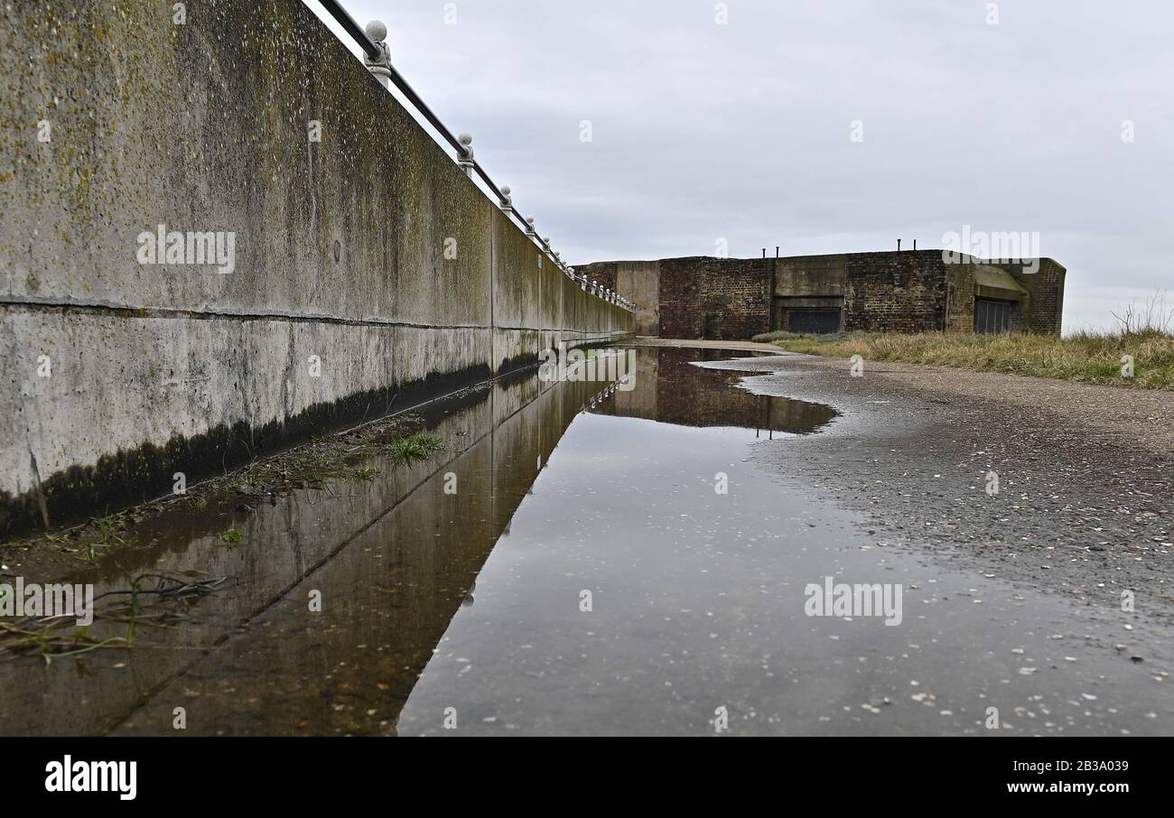 Shoeburyness. United Kingdom. 04 March 2020. Looking along the sea wall ...