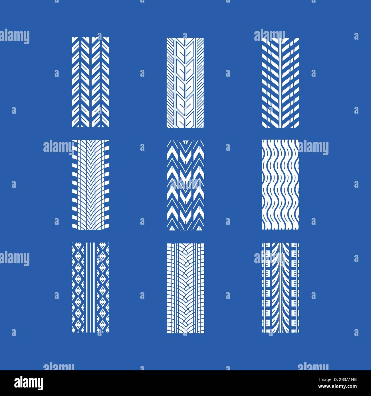 Tire traces RGB white icons set. Detailed automobile, motorcycle, bike ...