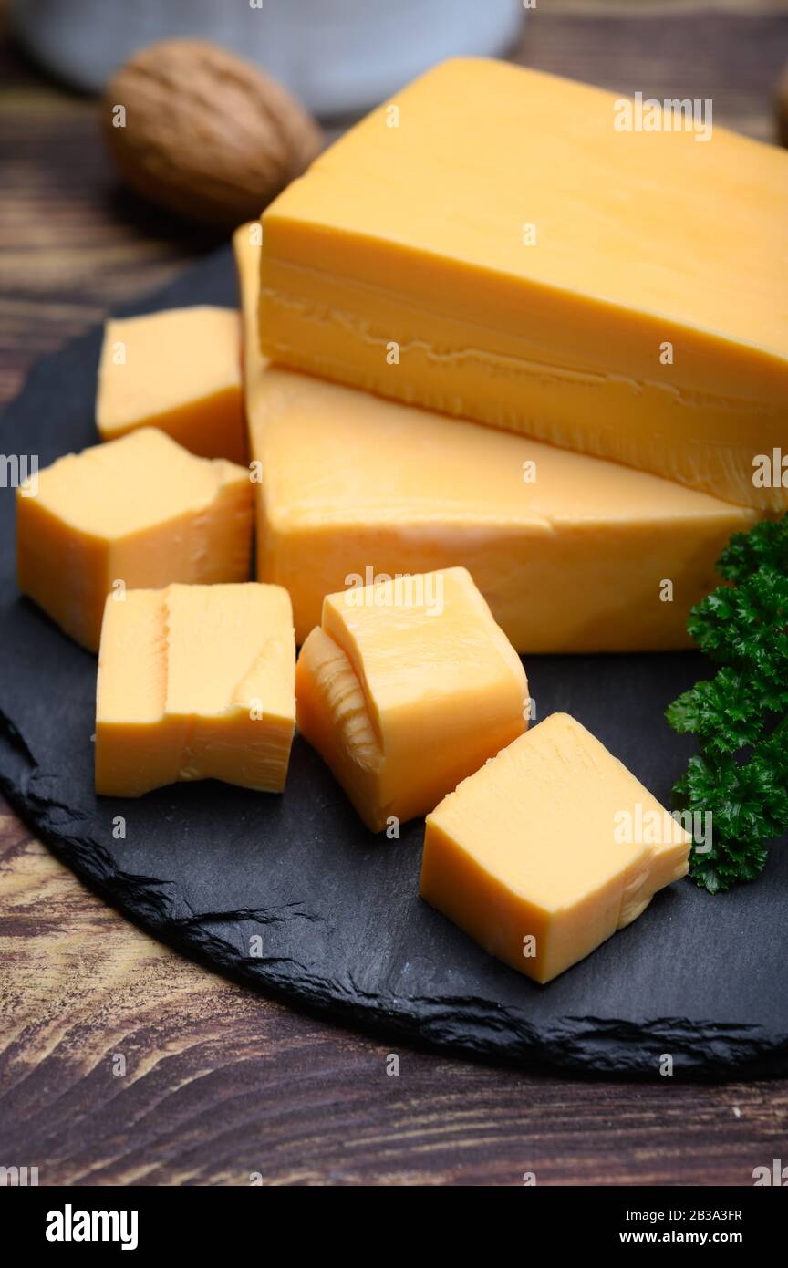 British yellow Chester creme cheese made from cow milk close up Stock ...