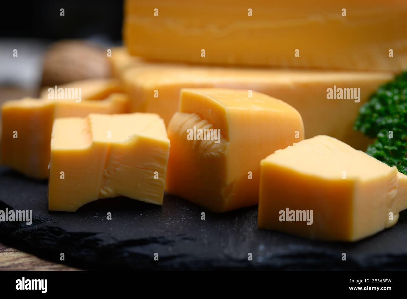 British yellow Chester creme cheese made from cow milk close up Stock ...