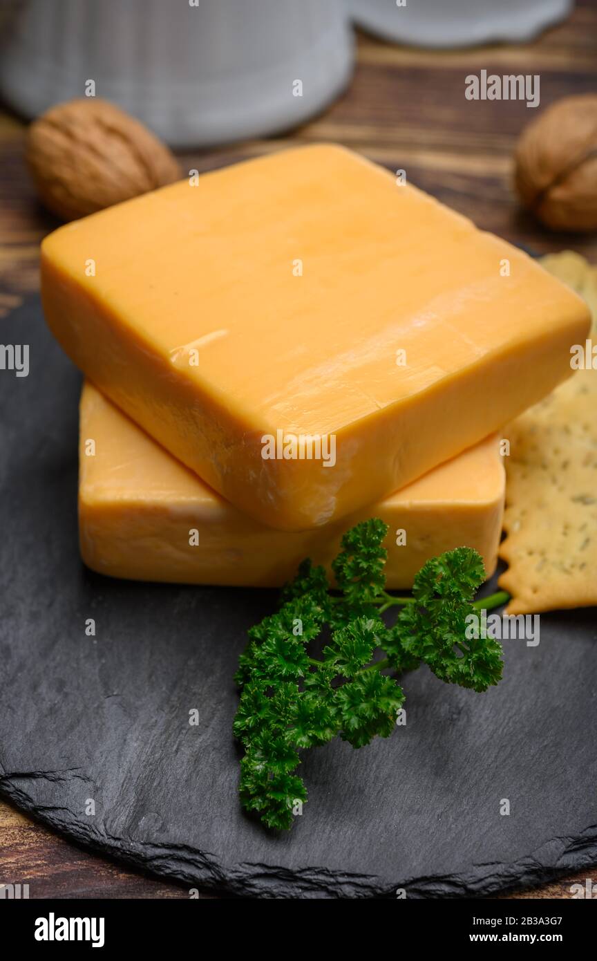 British yellow Chester creme cheese made from cow milk close up Stock ...