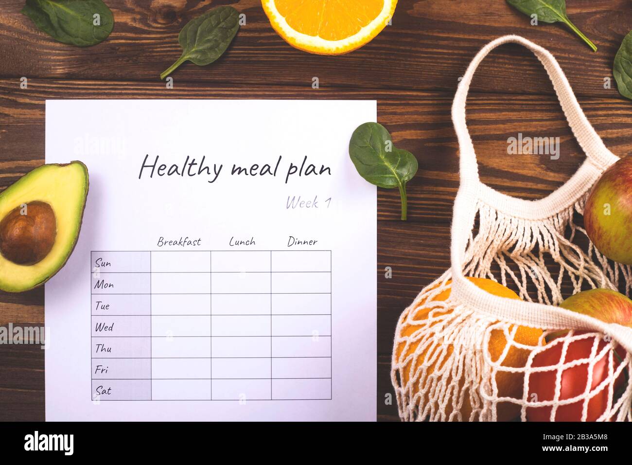 Healthy weekly meal plan among fresh organic fruits and vegetables ...