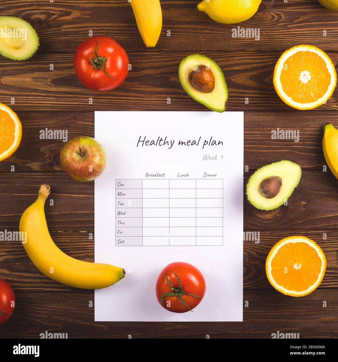 Healthy weekly meal plan among fresh organic fruits and vegetables ...