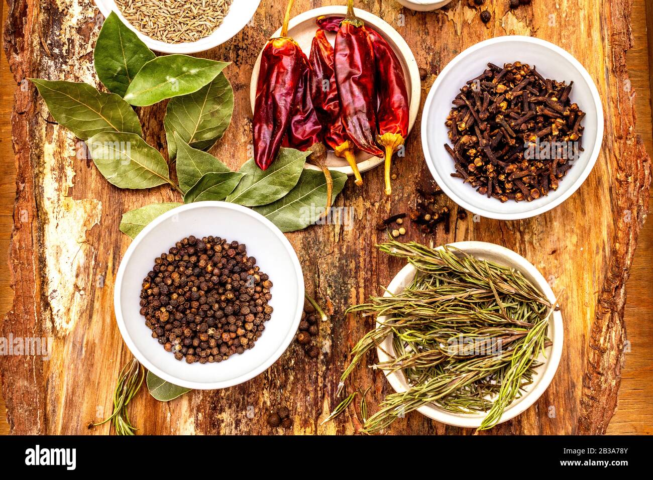 Set of different spices and herbs - black pepper, allspice, rosemary ...
