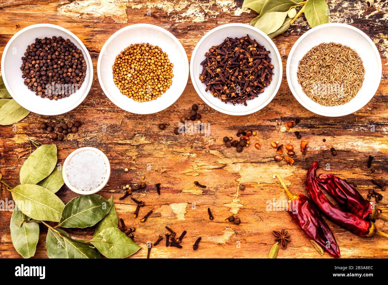 Set of different spices and herbs - black pepper, allspice, rosemary ...
