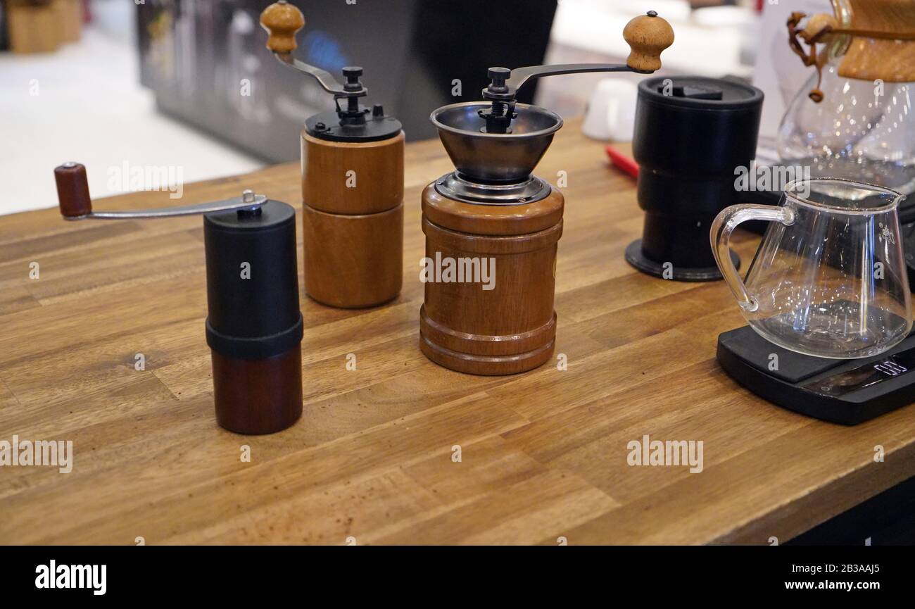 Old-fashioned manual coffee making tools Stock Photo - Alamy