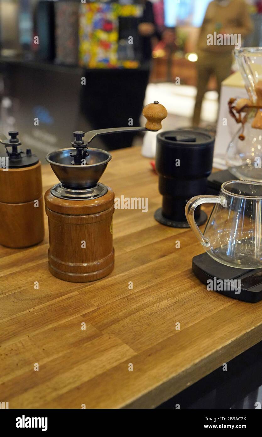 Old-fashioned manual coffee making tools Stock Photo - Alamy