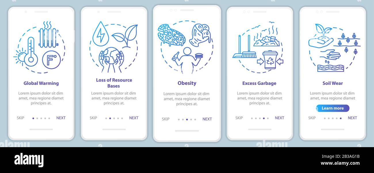 Overconsumption onboarding mobile app page screen with concepts. Global ...