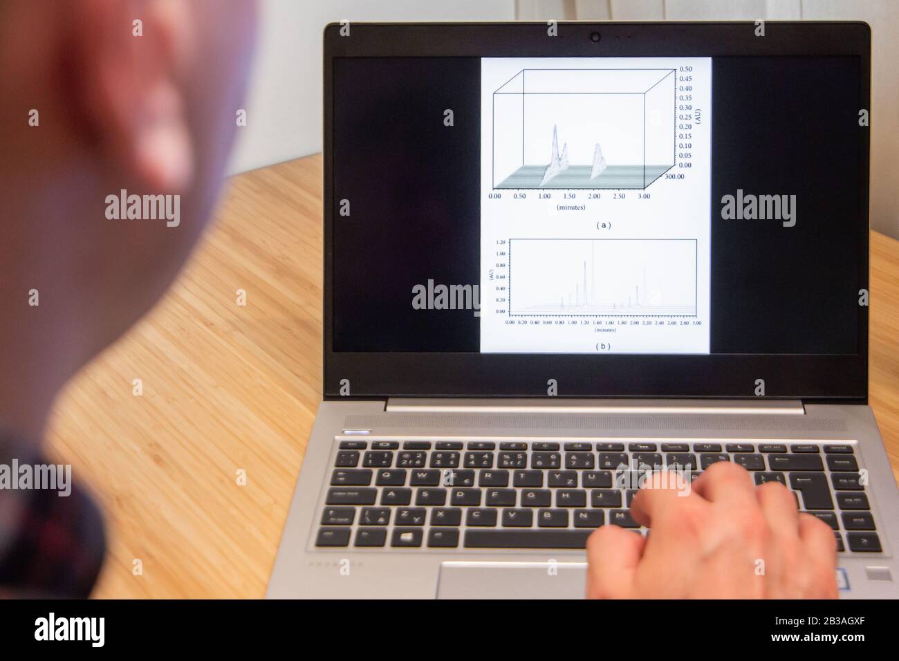 3-D chromatograms plots are analyzed by a man on the laptop. Chemist ...