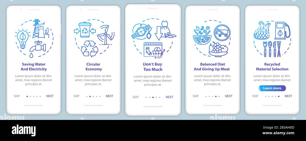 Responsible consumption onboarding mobile app page screen with concepts ...
