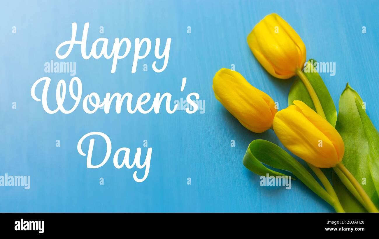 Happy Women's Day text, greeting card poster. Three fresh natural ...