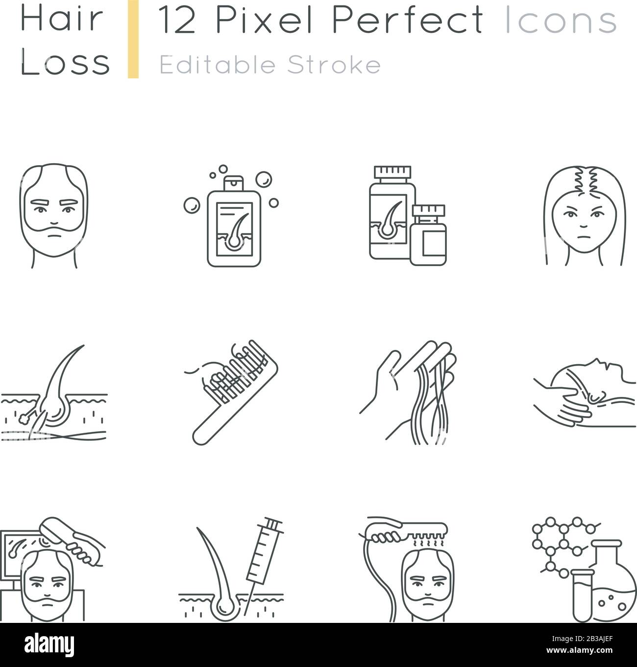 Hair loss pixel perfect linear icons set. Hair roots. Alopecia ...