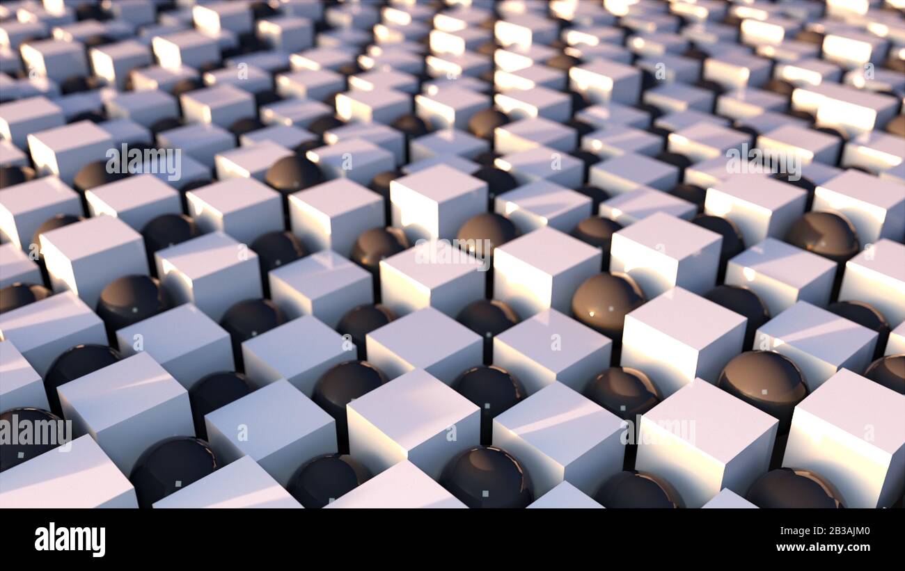 3d rendering abstract background. Wavy surface of cubes and balls ...