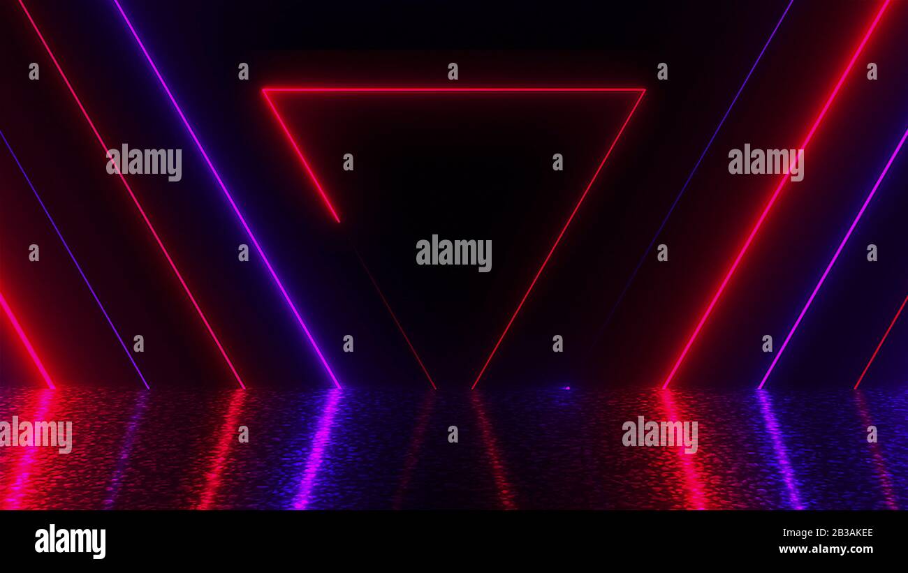 Many neon triangles in space, abstract computer generated backdrop, 3D ...