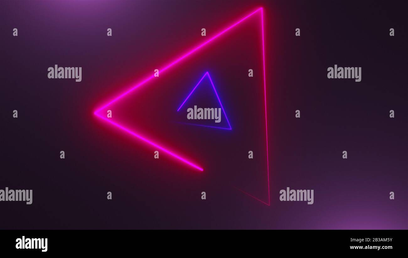 Many neon triangles in space, abstract computer generated backdrop, 3D ...