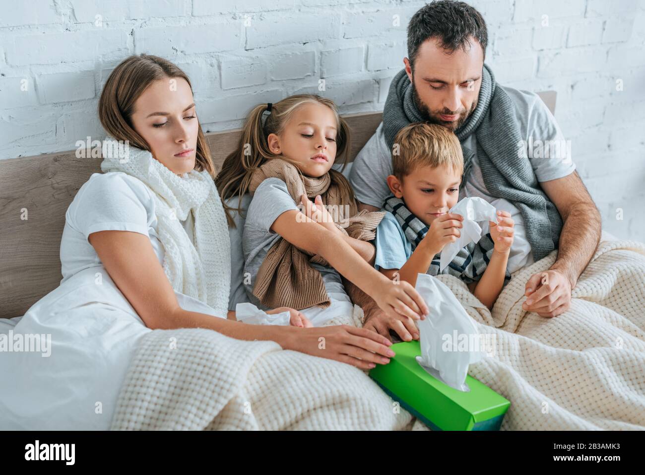 diseased family taking napkins while lying in bed together Stock Photo ...