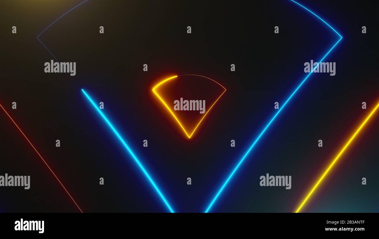 Many neon triangles in space, abstract computer generated backdrop, 3D ...