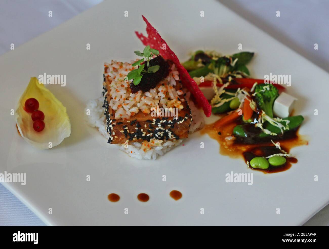 Japanese sticky rice with raw salmon sushi style Stock Photo - Alamy