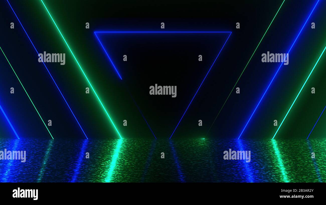 Many neon triangles in space, abstract computer generated backdrop, 3D ...