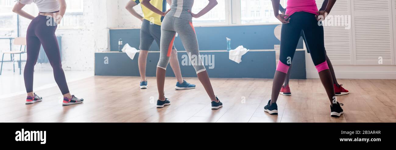 Back view of multiethnic dancers performing zumba together in dance ...